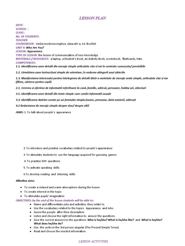 Lesson Plan, Class IV STEP, Appearance | PDF | Linguistics | Learning