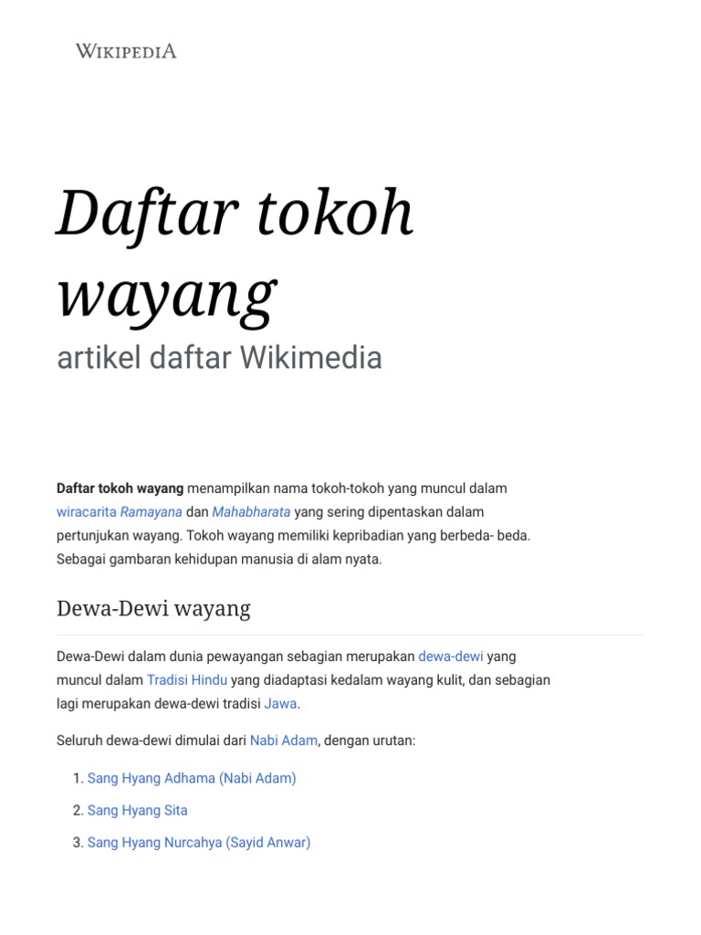 Daftar Tokoh Wayang - Wikipedia Bahasa Indonesia, Ensiklopedia Bebas | PDF
