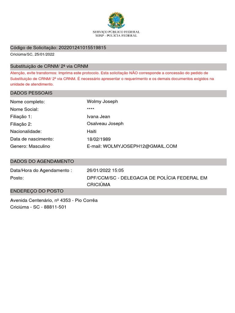 Solicitação de 2ª via CRNM em Criciúma | PDF