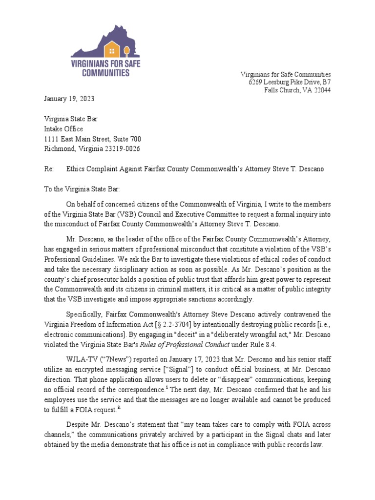 VSC Bar Complaint Letter Steve T Descano FOIA VSB January 19, 2023 | PDF | Freedom Of ...
