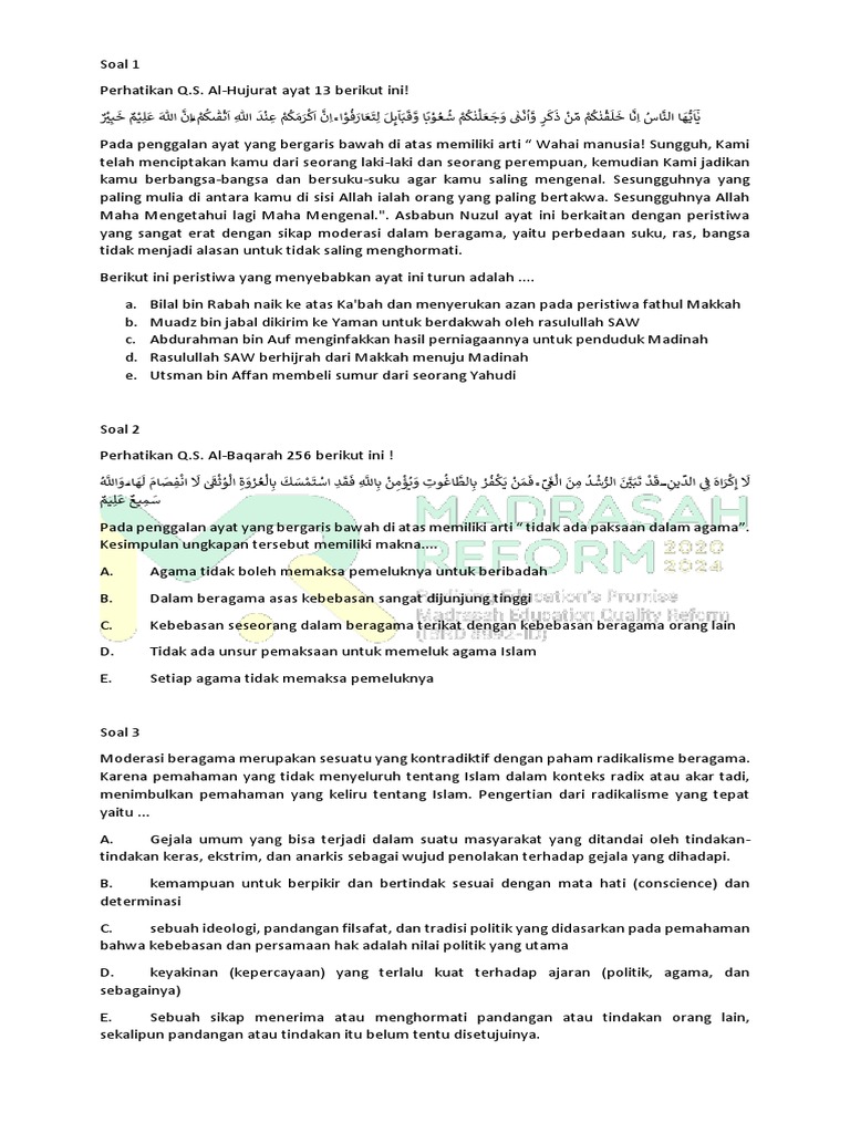 Soal Moderasi Beragama | PDF