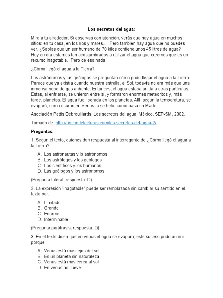 Texto Descriptivo para Grado Tercero Los Secretos Del Agua | PDF | Agua ...