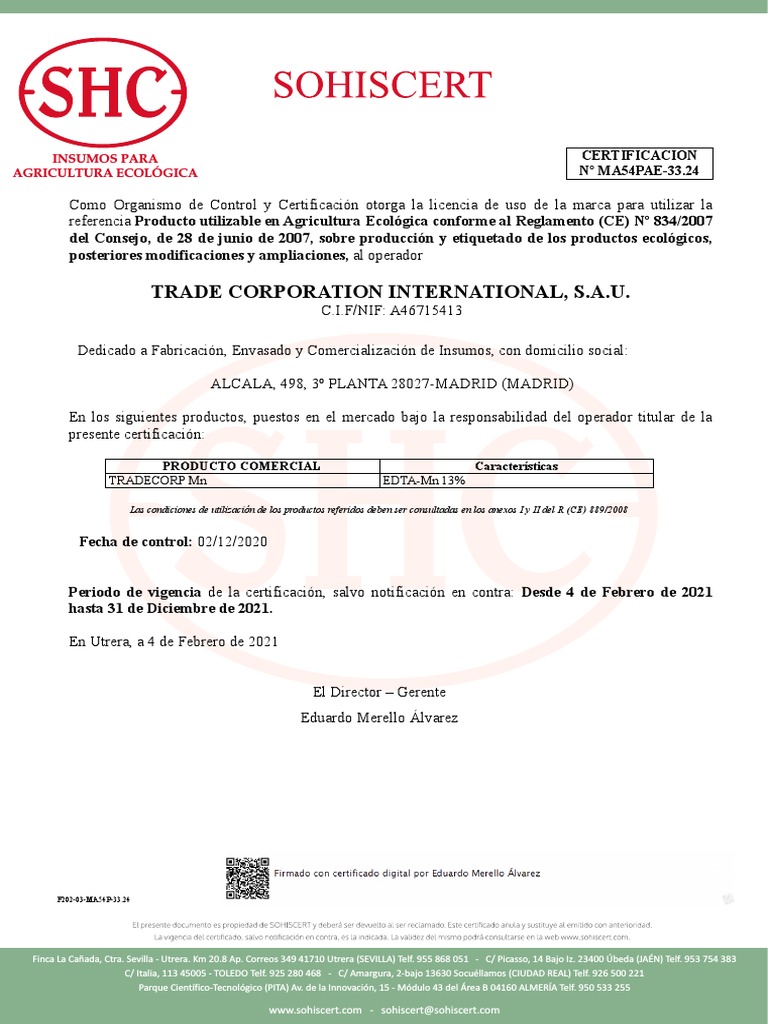 Cert Eco Tradecorp MN 2021 | PDF | Comida y bebida | Agricultura