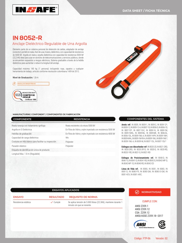 Ficha Tecnica Tie Off Dielectrico Adaptador de Anclaje Dielectrico 90 CM Dotaciones A Domicilio ...