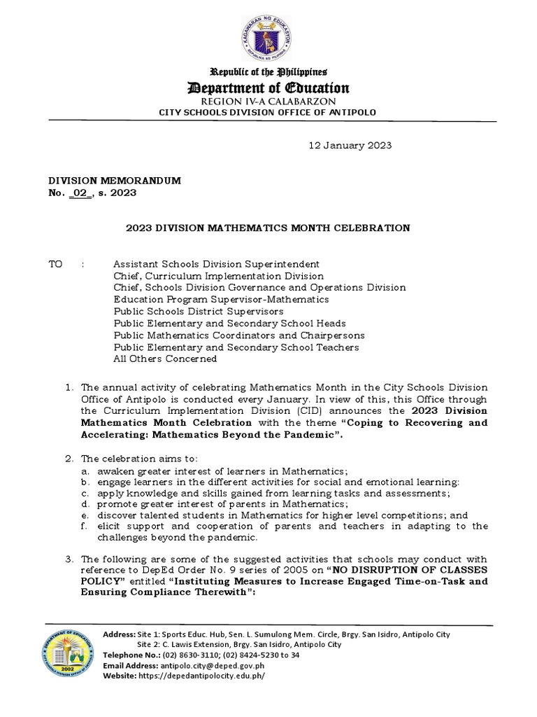 DM - 02 2023 Division Mathematics Month Celebration | PDF