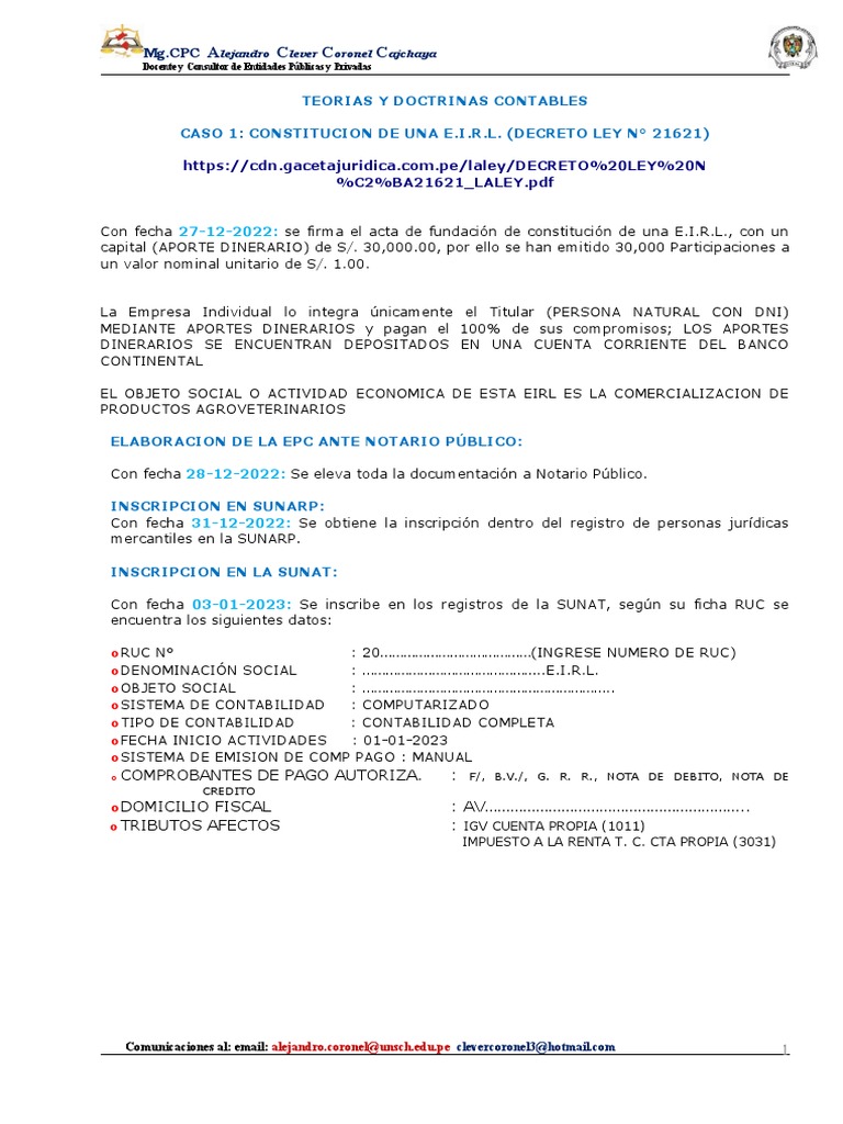 Caso 1 Constitucion de Una Eirl-2 | PDF | Contabilidad | Servicios ...