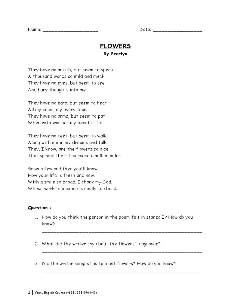 Flowers Poetry Reading Comprehension Worksheet Reading Comprehension ...