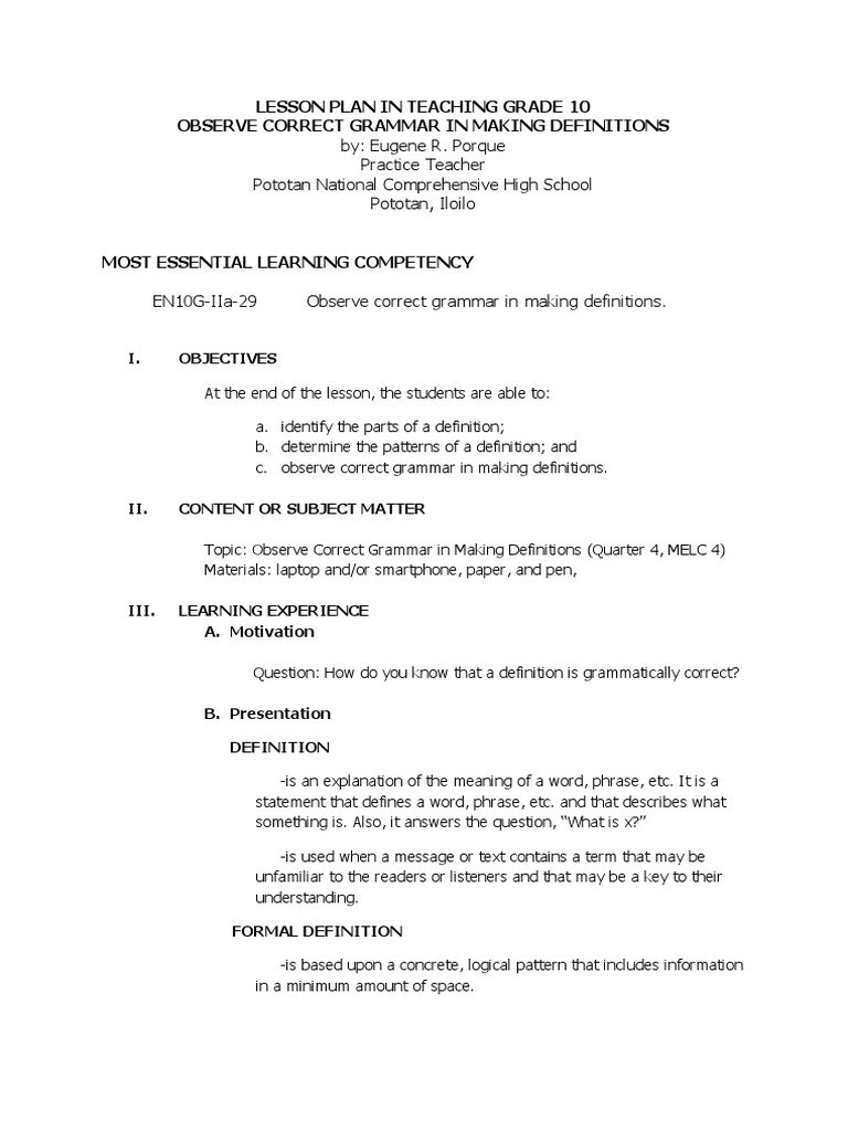 Lesson Plan Grade 10 Melc 4 | PDF | Definition | Question