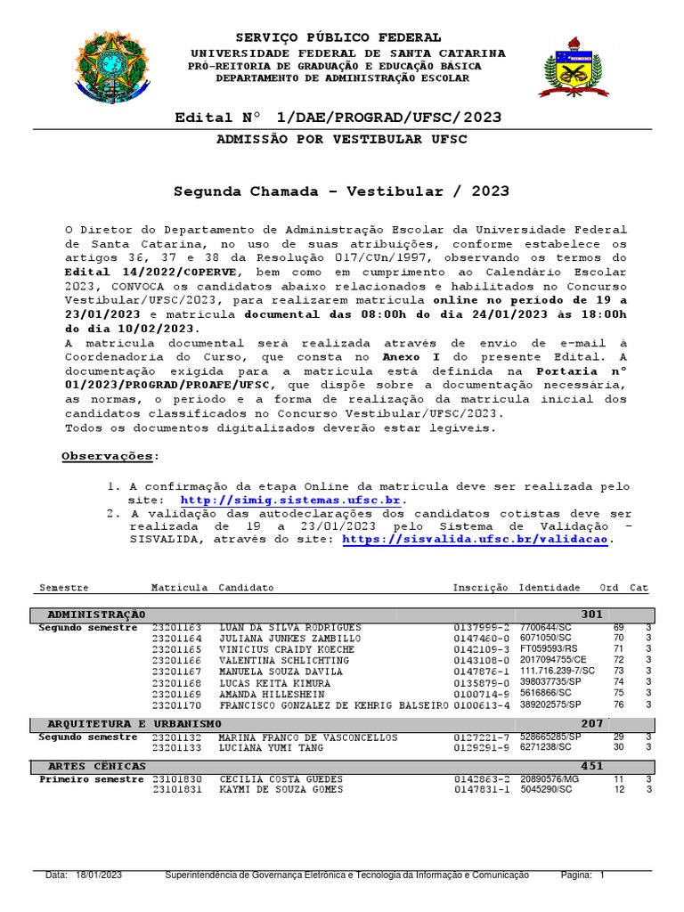 Edital 001 DAE PROGRAD UFSC 2023 2a Chamada Vestibular | PDF | Engenharia Edital 001 DAE PROGRAD UFSC 2023 2a Chamada Vestibular | PDF | Engenharia
