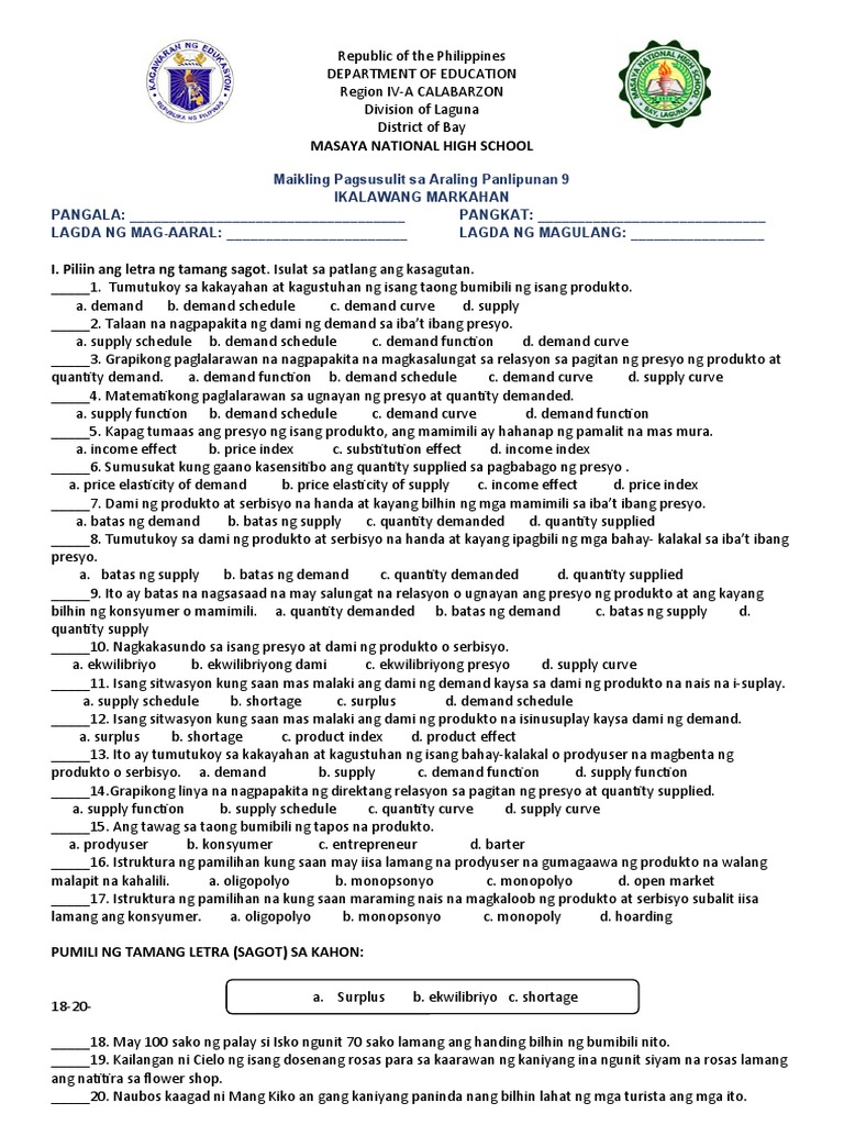 Maikling Pagsusulit Sa Araling Panlipunan 9 IKALAWANG MARKAHAN | PDF