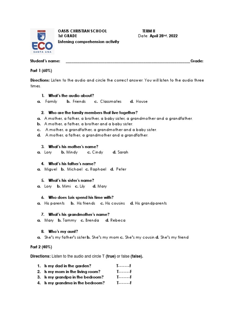 Listening Activity 1st Grade | PDF