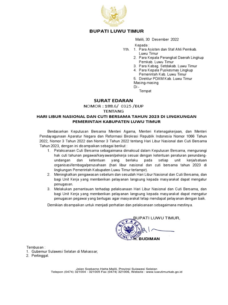 Surat Edaran Cuti Bersama Tahun 2023 | PDF Surat Edaran Cuti Bersama Tahun 2023 | PDF