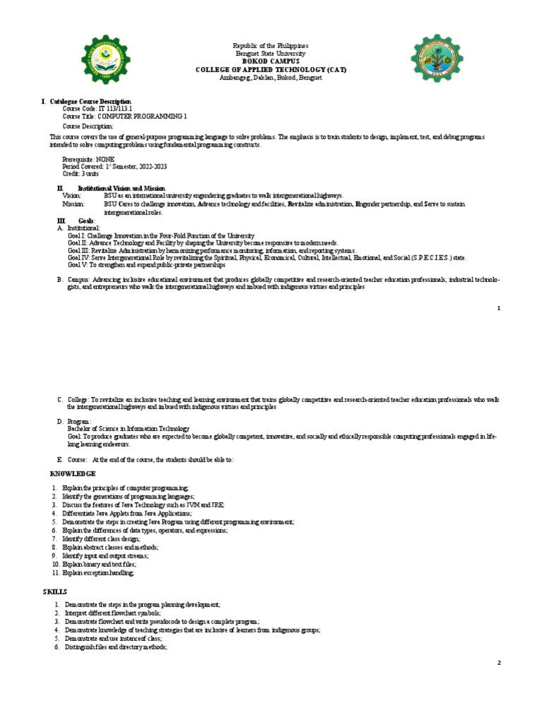 It 113 Syllabus Bsit Programming 1 Pdf Java Software Platform Java Programming Language