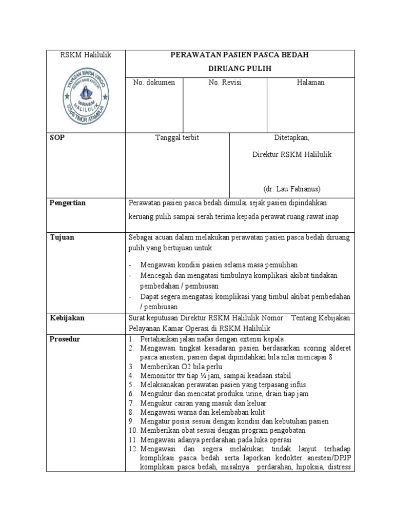 Sop Perawatan Pasien Pasca Bedah Diruang | PDF