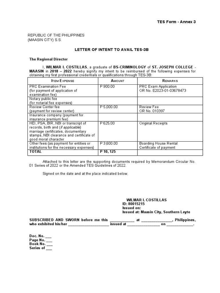 Annex 3 Letter of Availment For TES 3B - Updated | PDF