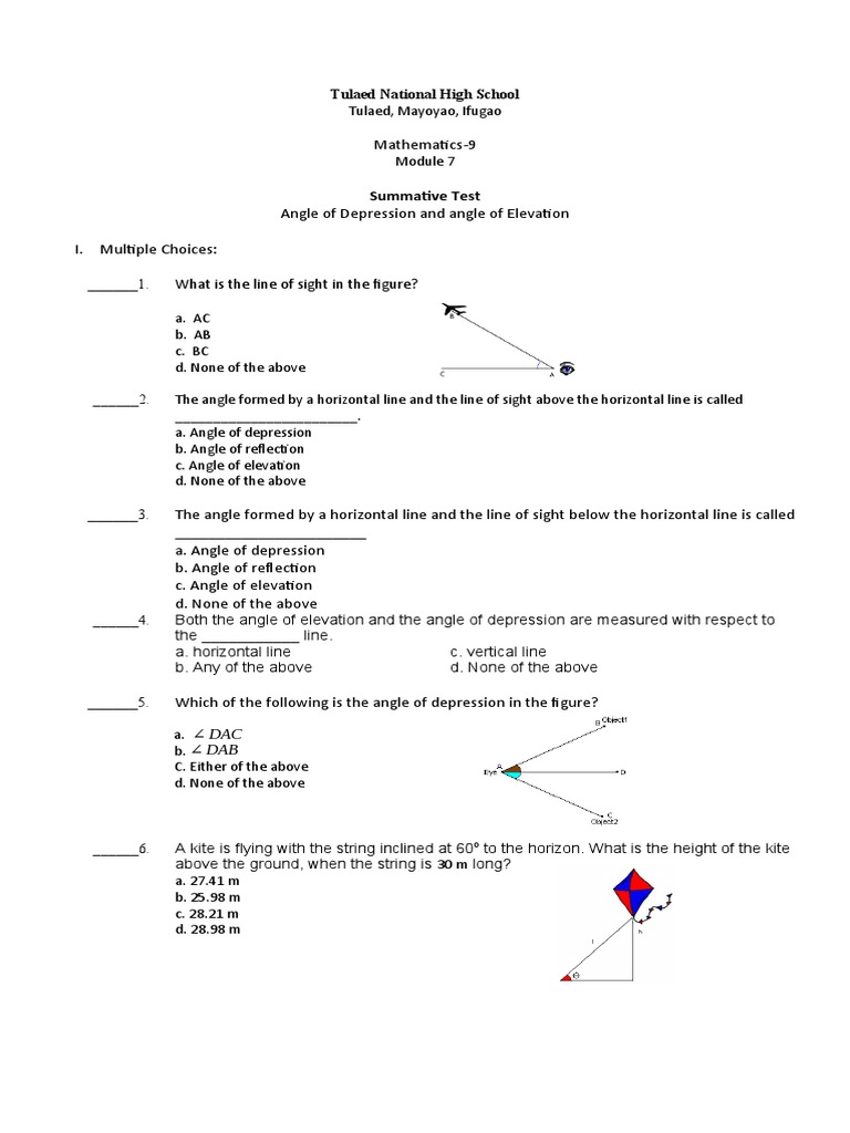 Angles of Depression and Elevation Test | PDF | Angle
