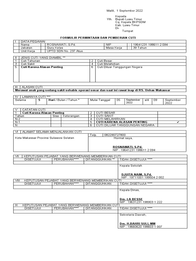 Format Surat Cuti PNS | PDF