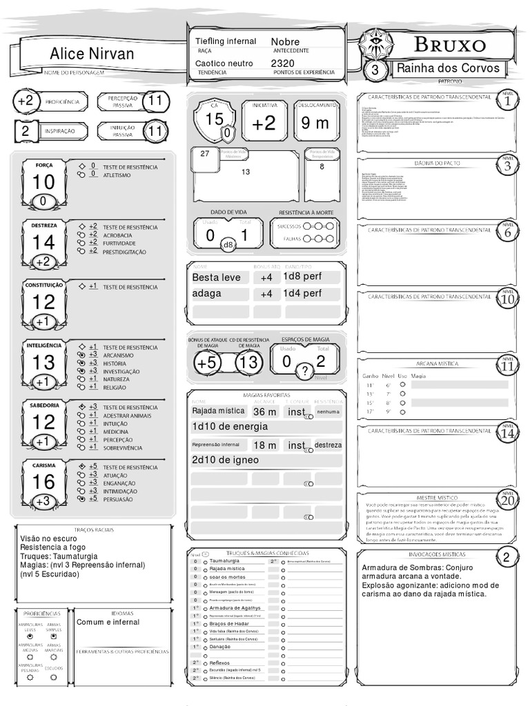 D D5E Bruxo FichaDeClasse Editável UncensoredRPG | PDF