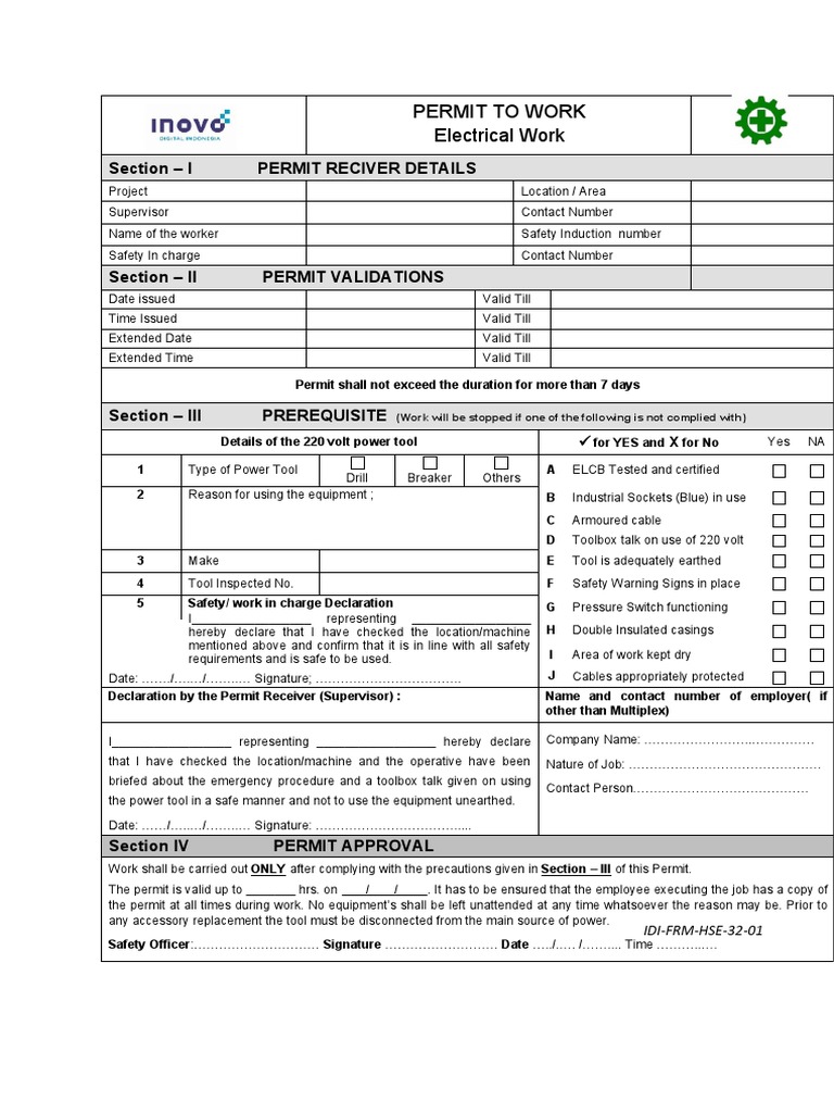 Electrical Work Permit Guide Pdf Equipment Manufactured Goods