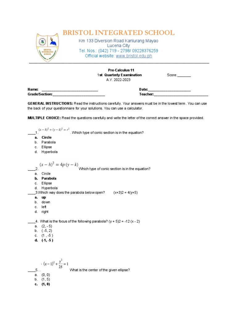 Pre-Calculus 11 Quarterly Exam Guide | PDF | Ellipse | Geometric Shapes