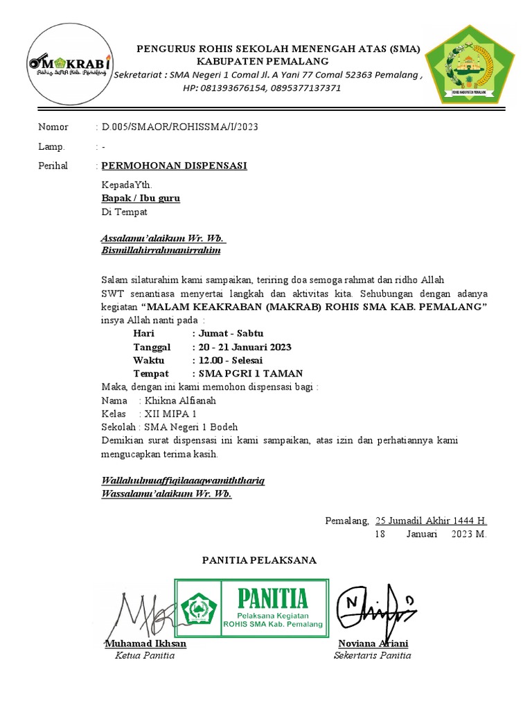 Surat Dispensasi Sekolah | PDF