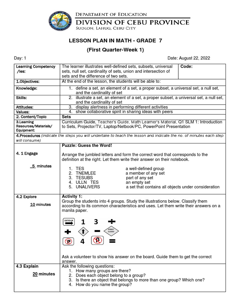Math 7, Q1, Wk1, Day 1 | PDF | Learning | Lesson Plan Math 7, Q1, Wk1, Day 1 | PDF | Learning | Lesson Plan