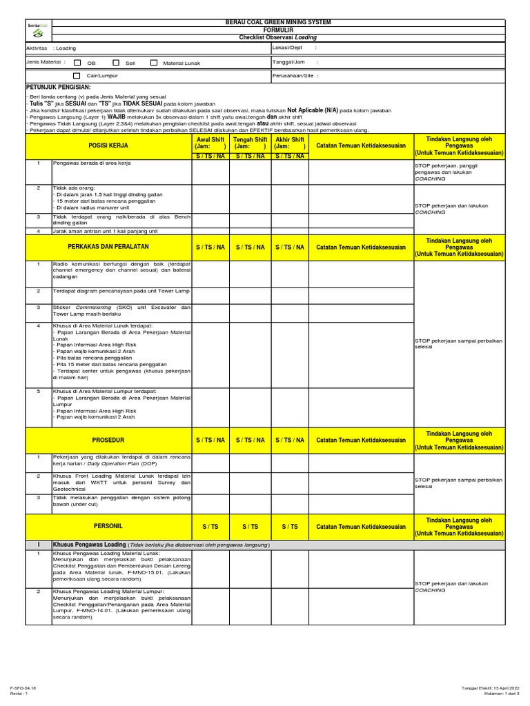 F-SFO-04.18 - Formulir Checklist Observasi Loading | PDF