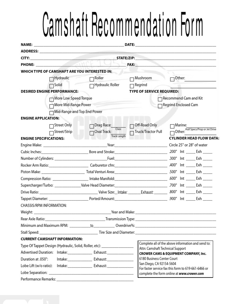 Camshaft Selection and Recommendation Form | PDF | Transmission ...