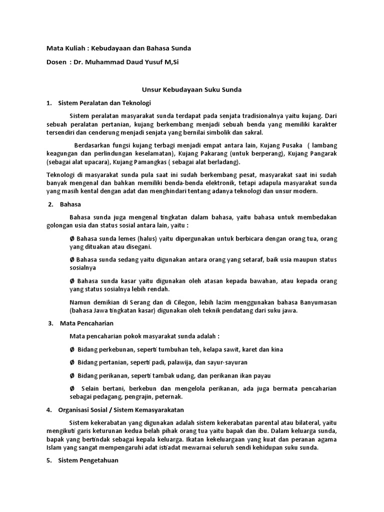 Unsur Kebudayaan Sunda | PDF