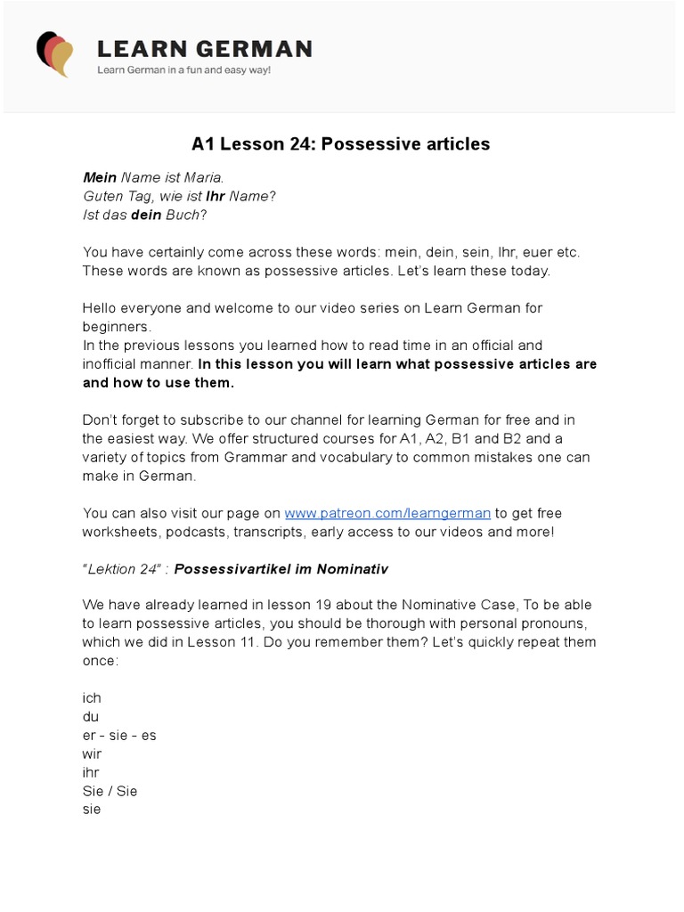 A1 - Lektion 24 - Possessive Articles | PDF | Grammatical Gender | Plural