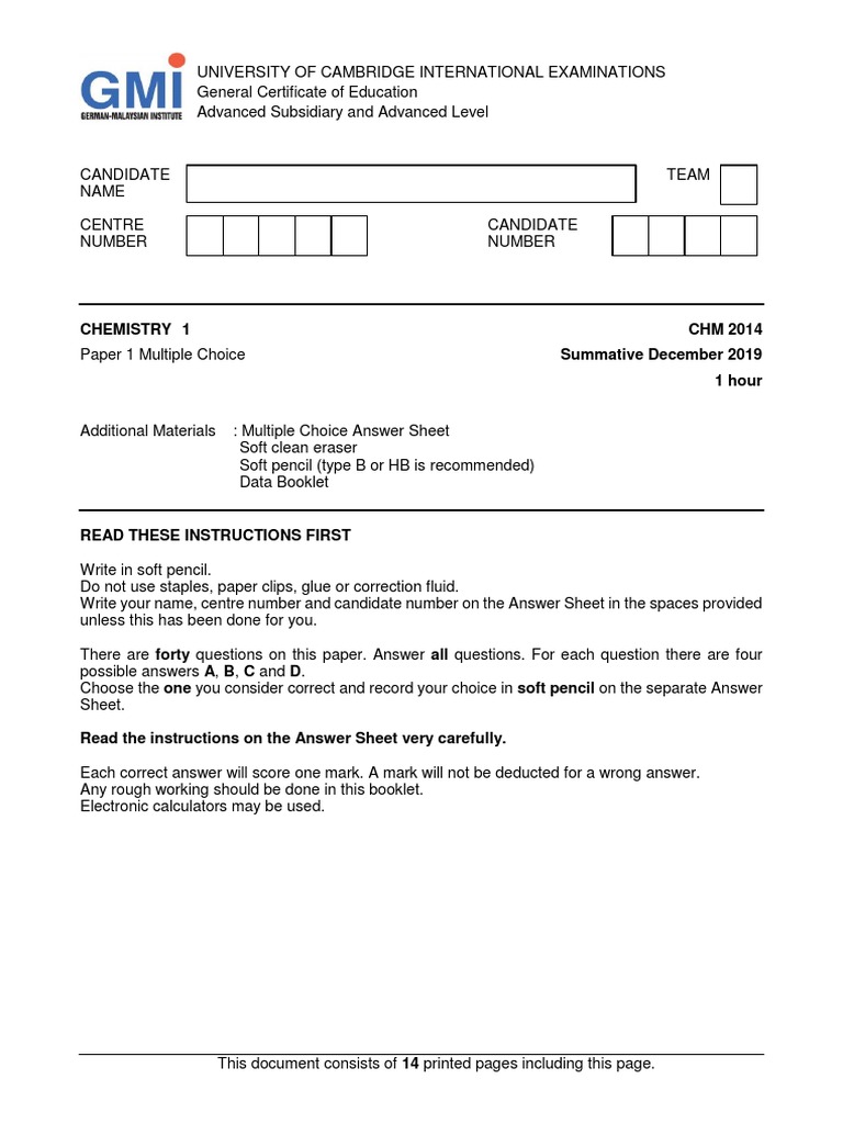 G19 Paper 1 Summative 2019 | PDF | Chlorine | Chemical Reactions