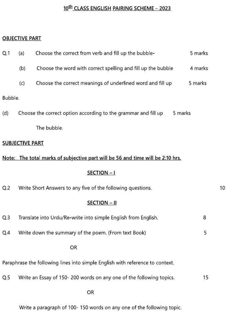 10th Class English Pairing Scheme 2023 | PDF
