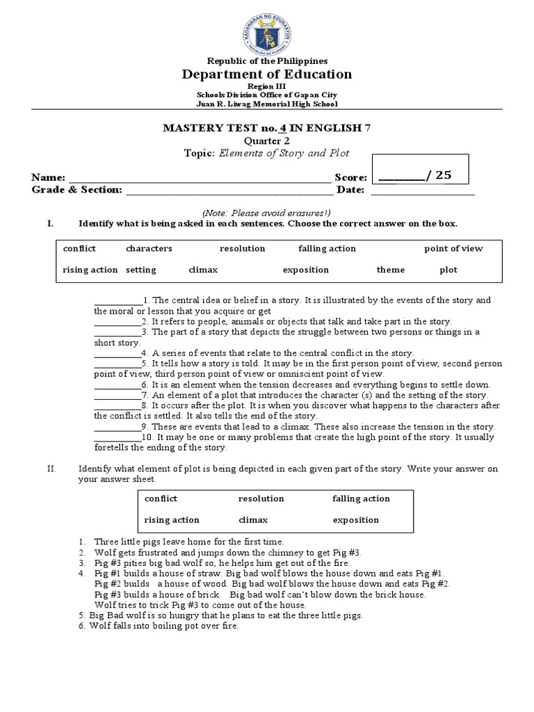 G7 - Q2 - MASTERY-TEST-4-IN-ENGLISH Remedial | PDF | Narration | Plot ...