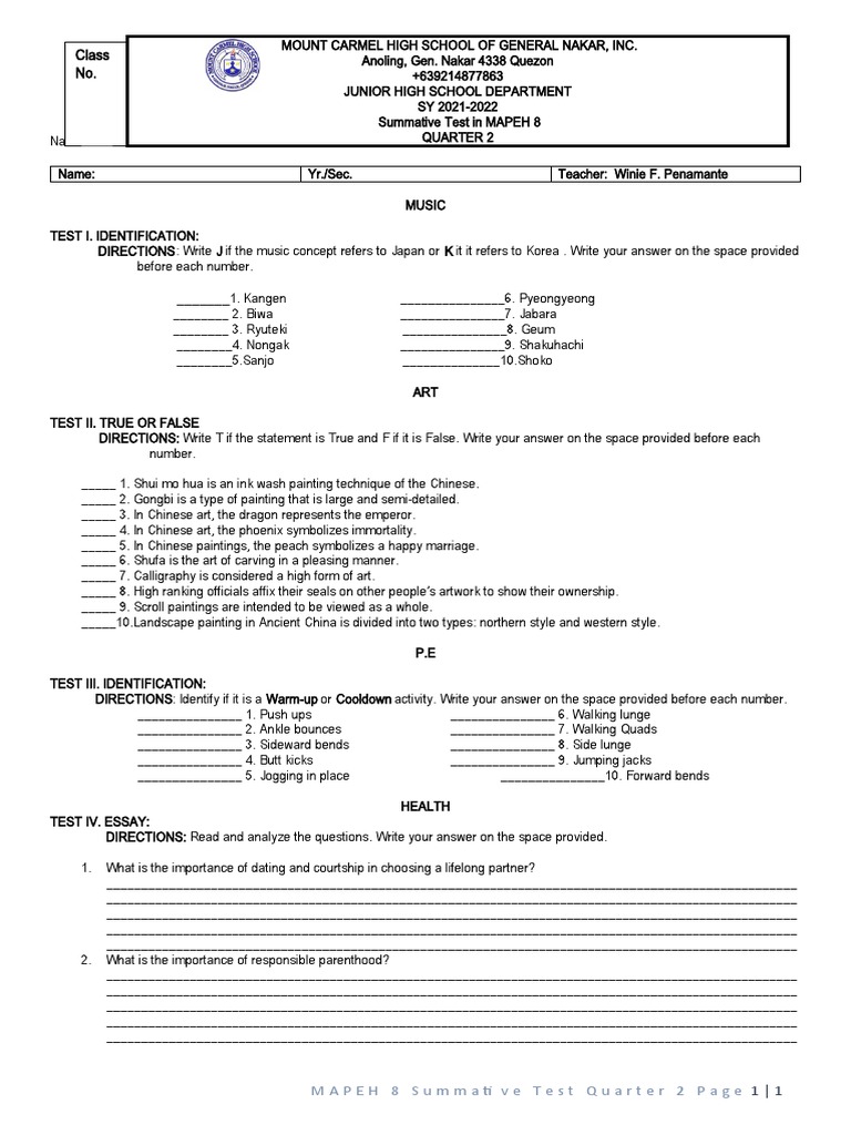 MAPEH 8 Summative Test Quarter 1 | PDF