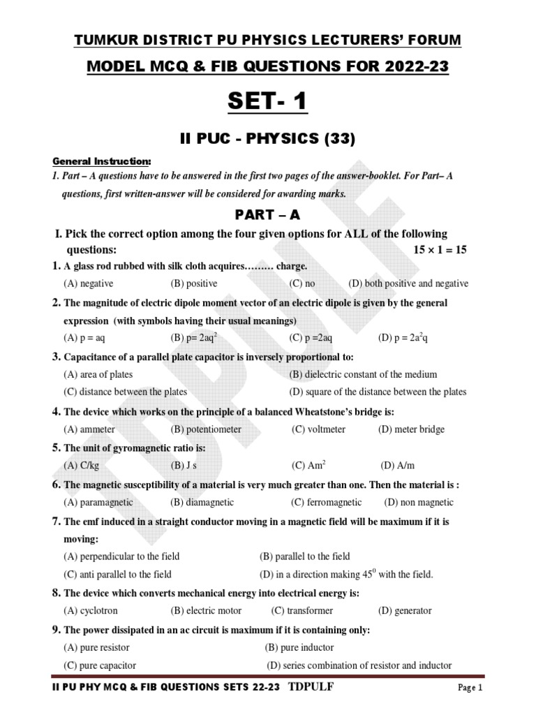 Ii Pu Model Question Paper - Part A - MCQ and Fib For 2022-23 | PDF