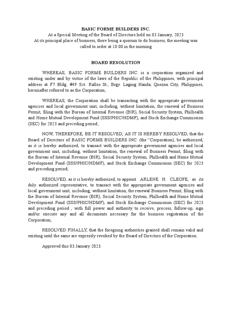 Board Resolution - Business Permit Renewal | PDF | Notary Public ...