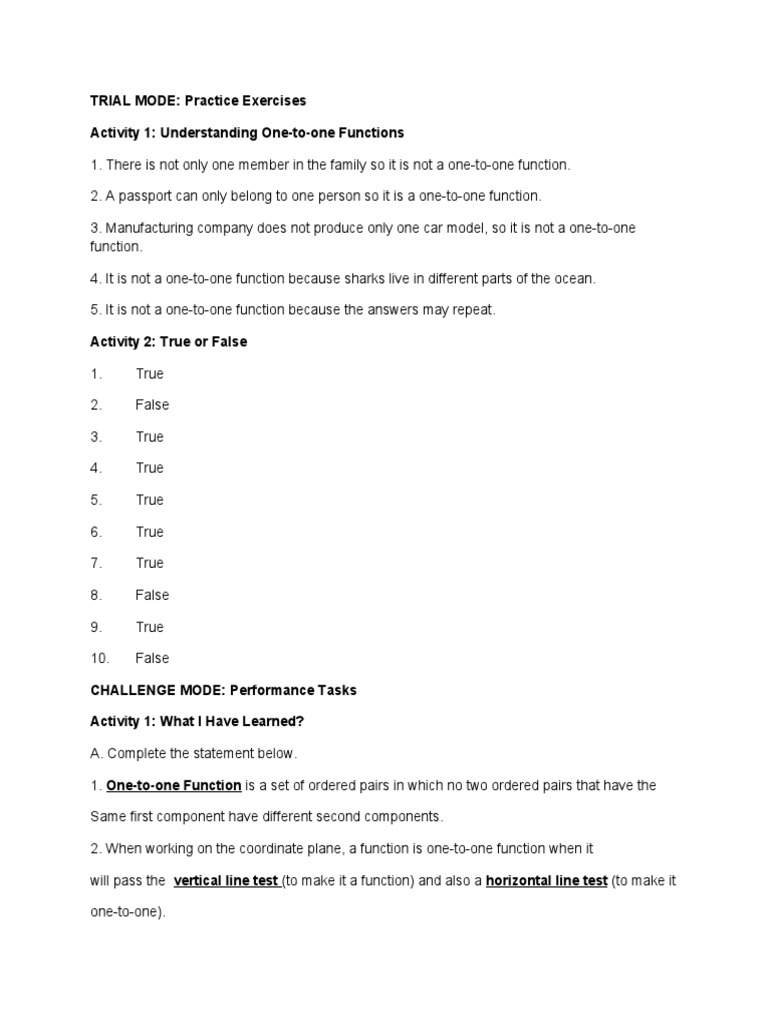 TRIAL MODE: Practice Exercises Activity 1: Understanding One-To-One ...