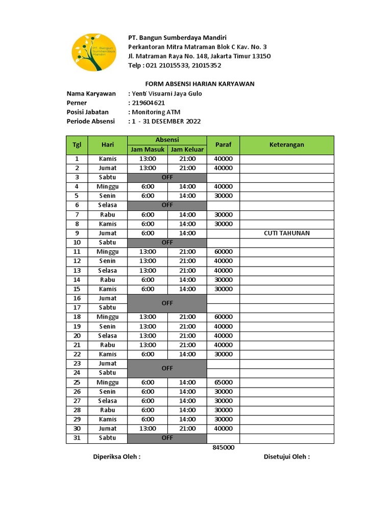 Form Absen Harian Karyawan 2022 | PDF