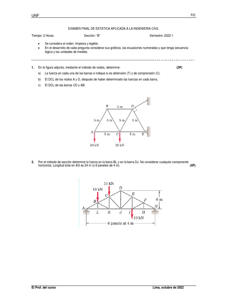 Examen Final de Estatica Aplicada A La Ing Civil | PDF | Viga (Estructura) | Mecánica de Medios ...