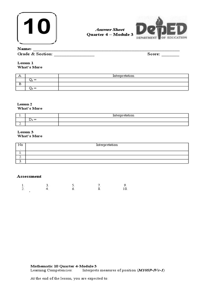 Math 10 - Q 4 - SLM - Module 3 | PDF | Percentile | Mathematics Math 10 - Q 4 - SLM - Module 3 | PDF | Percentile | Mathematics
