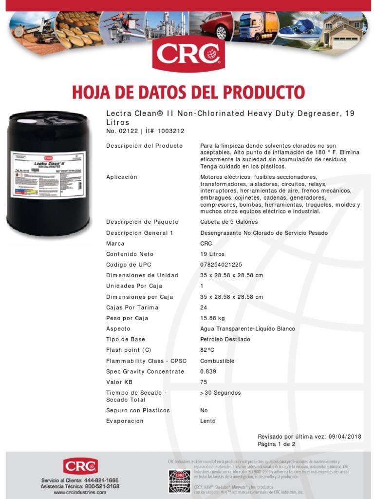 CRC Lectra Clean II Non-Chlorinated HD Degreaser Tds | PDF | Química ...