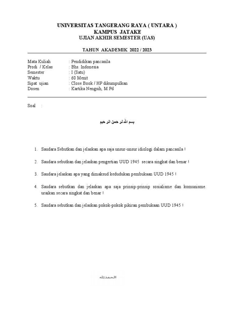 SOAL UAS BINDO 1. P Pancasila Kartika Sesi 2 | PDF