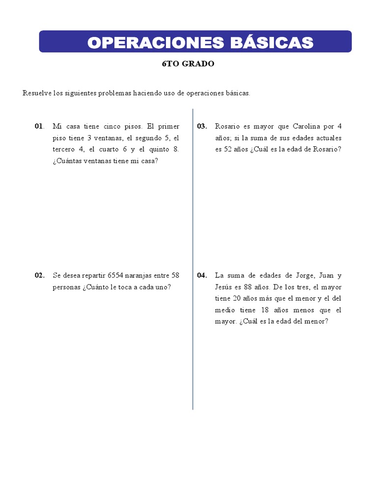 Problemas de Cuatro Operaciones para Sexto de Primaria | PDF