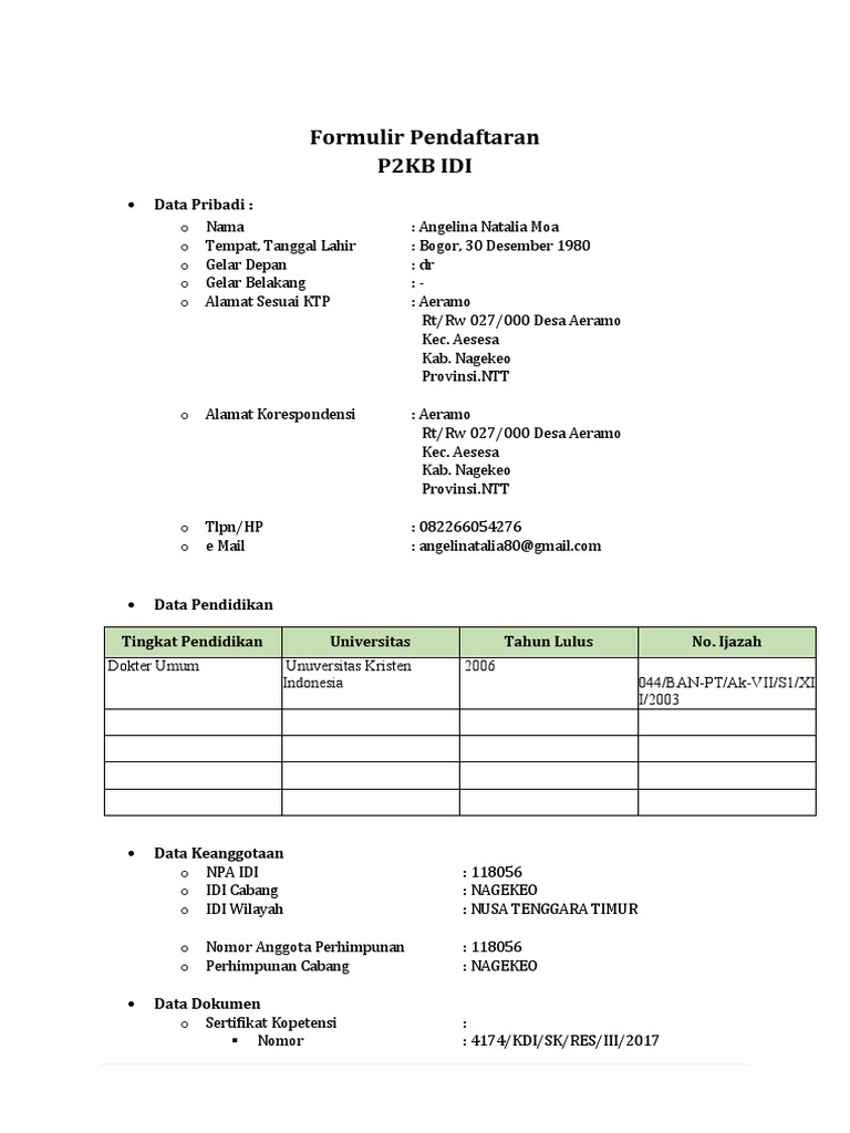 Formulir Pendaftaran P2KB | PDF