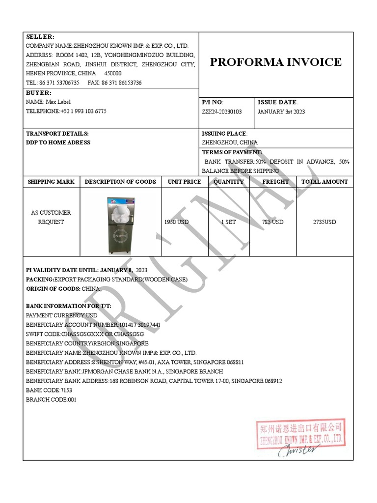 Proforma Invoice of The Hard Ice Cream Machine From Amy-1 | PDF