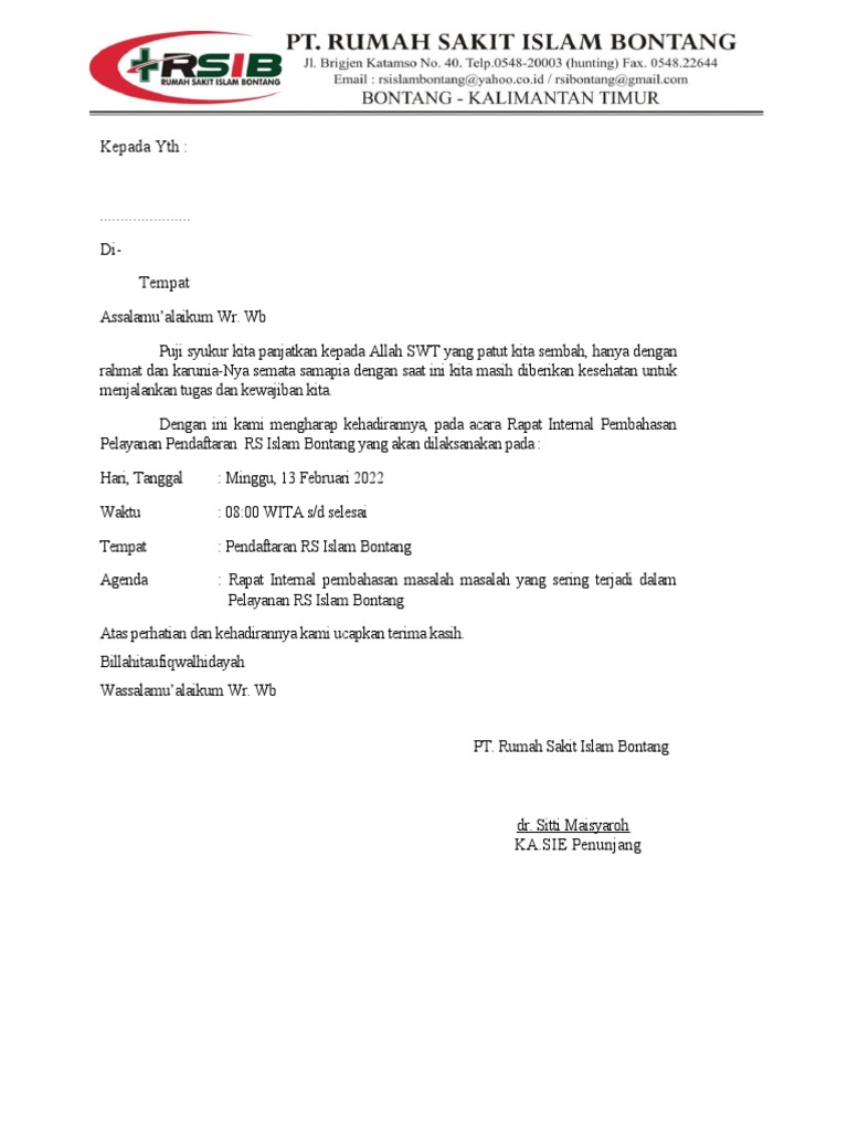 Undangan Rapat Internal RS Islam Bontang | PDF