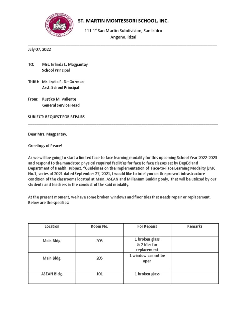 Request Letter For Repairs | PDF