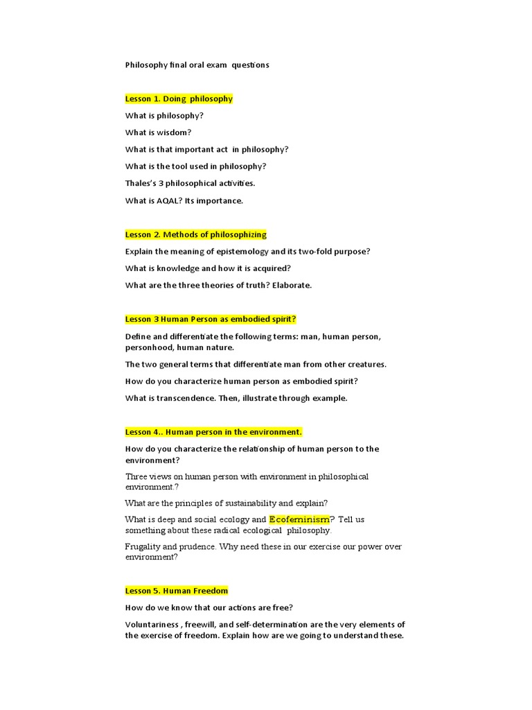 Philosophy Final Oral Exam Questions | PDF