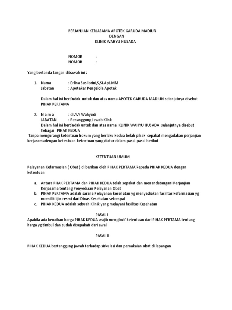 Perjanjian Kerjasama Apotek Garuda Madiun Pdf