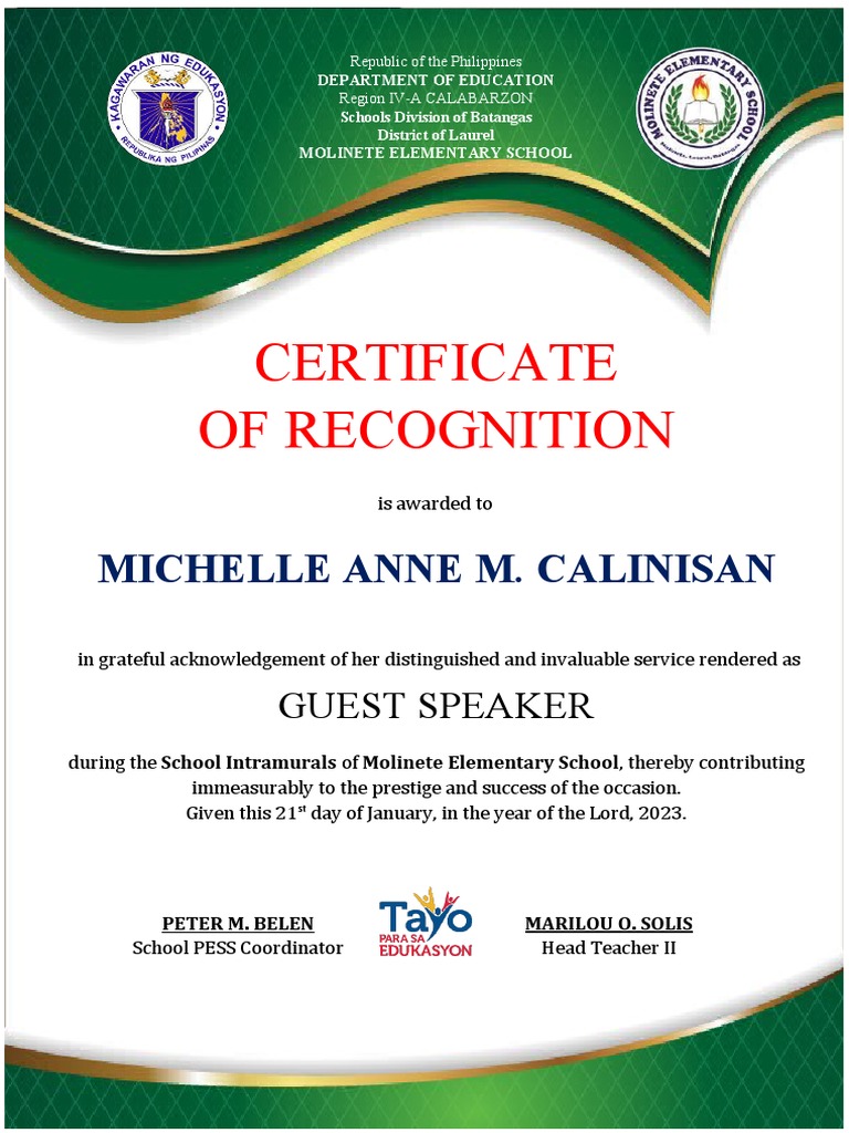 Certificate of Recognition for Guest Speaker | PDF